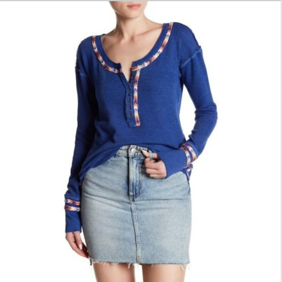 Free People | Tops | We The Free People Rainbow Trim Thermal Blue Top ...
